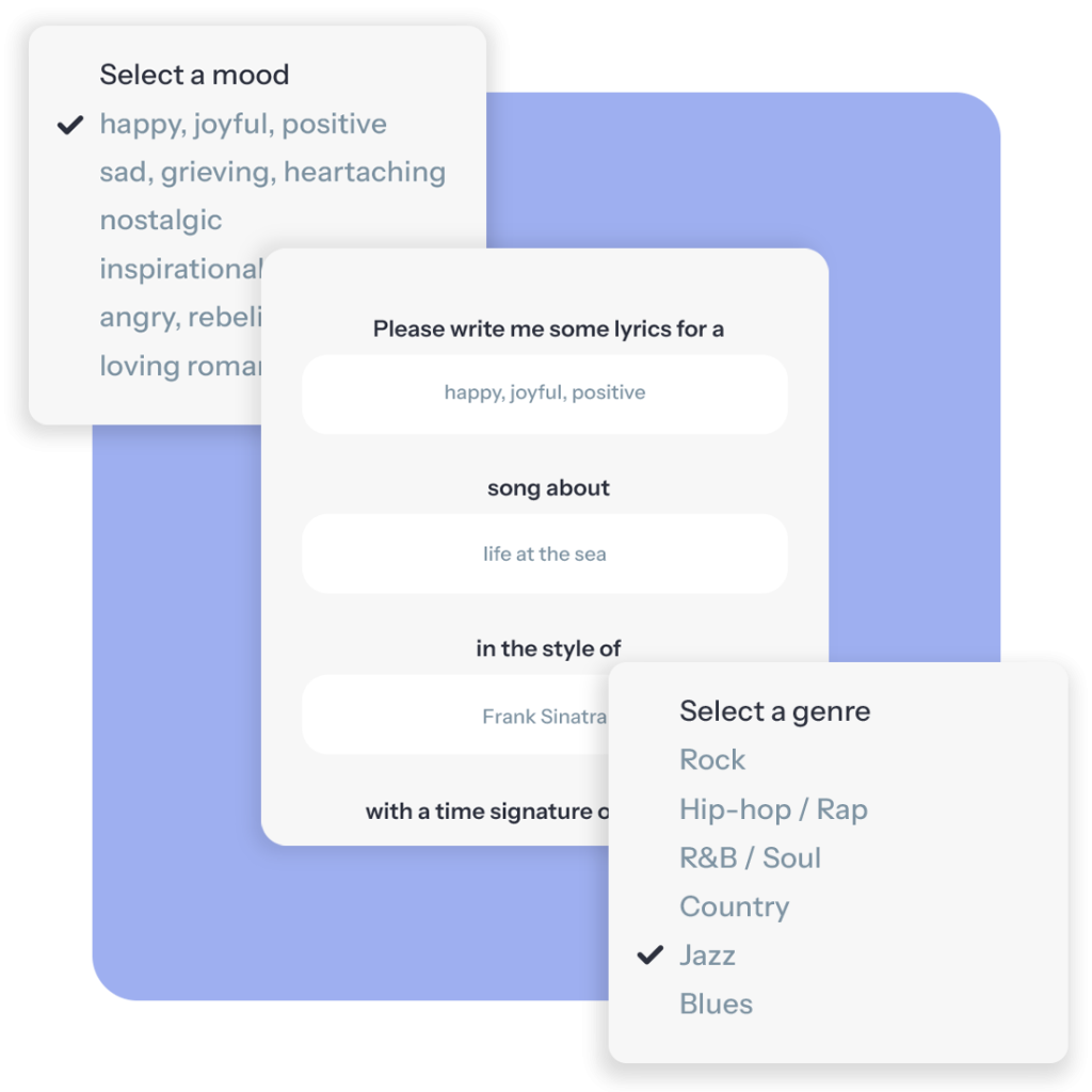 AI lyrics generator. Craft your next hit song in minutes.